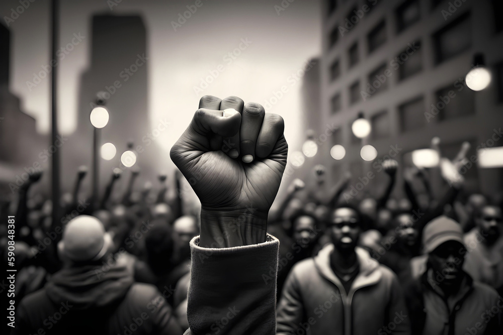 Clenched fist of an African American man raised in protest during a ...