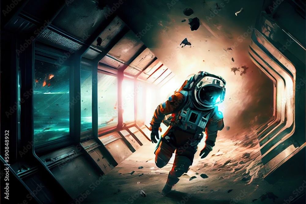 Zero G emergency space evacuation concept, astronaut floating and ...