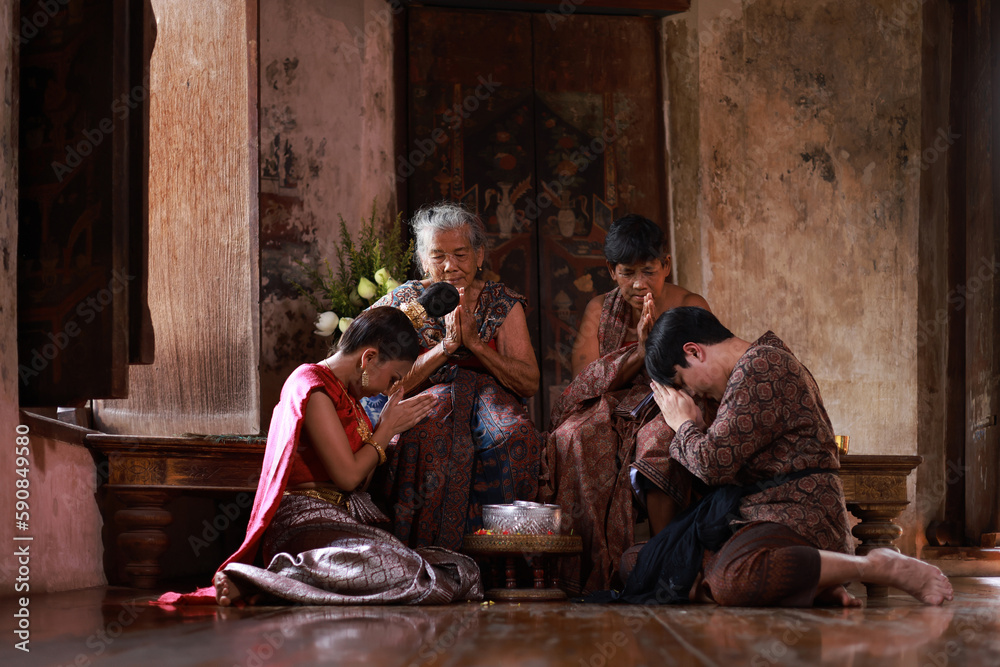 Thai Family day or Songkran festival younger pray respect to elder with ...
