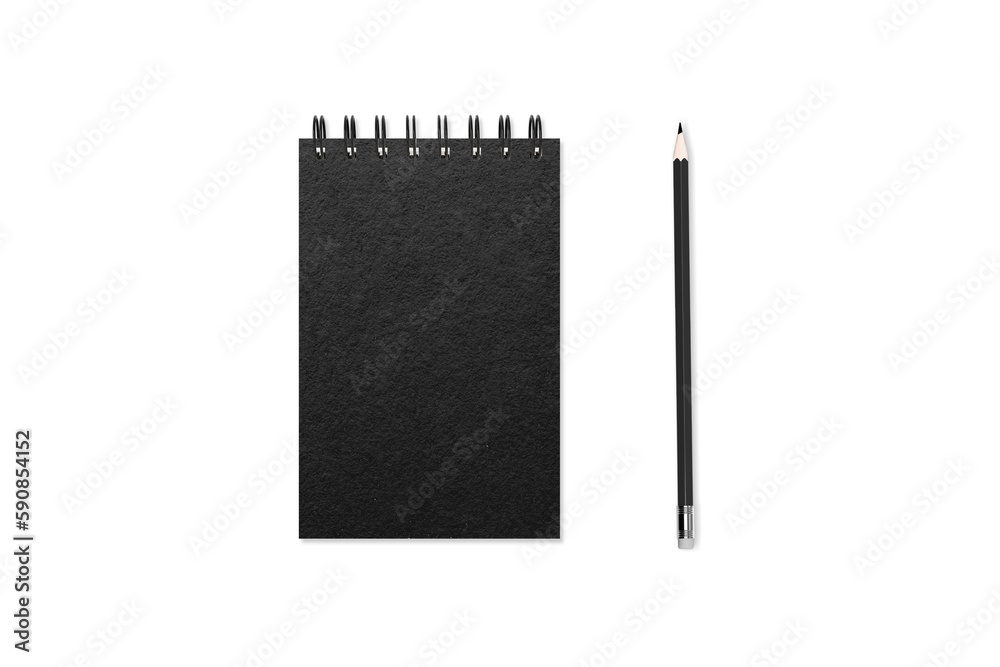 Blank black small pocket spiral notepad with black pencil mockup ...