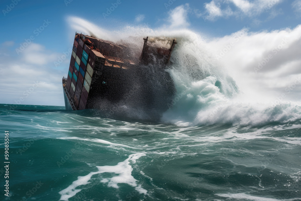 Cargo ship with containers on board in stormy sea. Strong waves damaged ...
