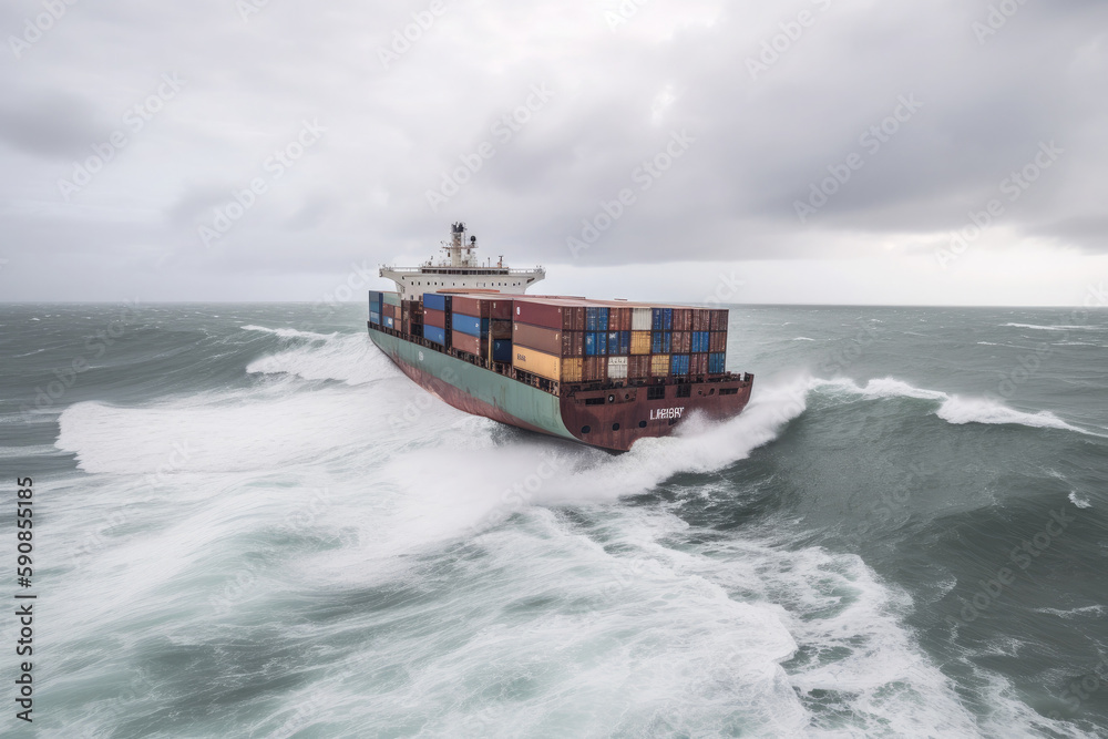 Cargo ship with containers on board in stormy sea. Strong waves damaged ...