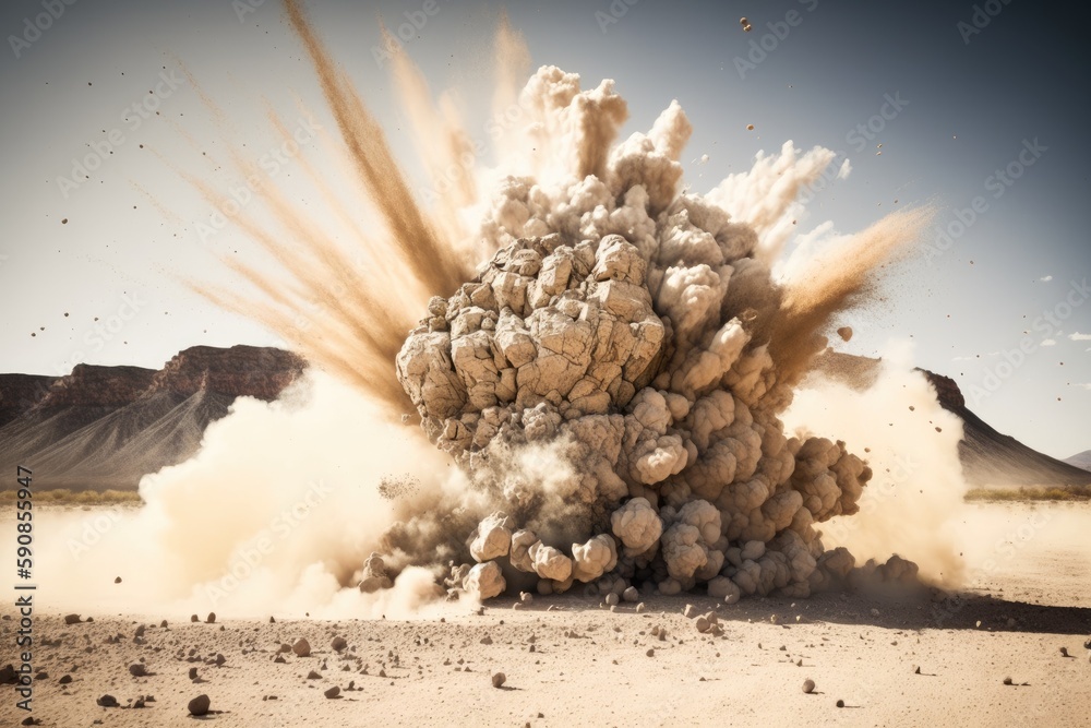 massive explosion of rocks and dirt in the arid desert terrain ...