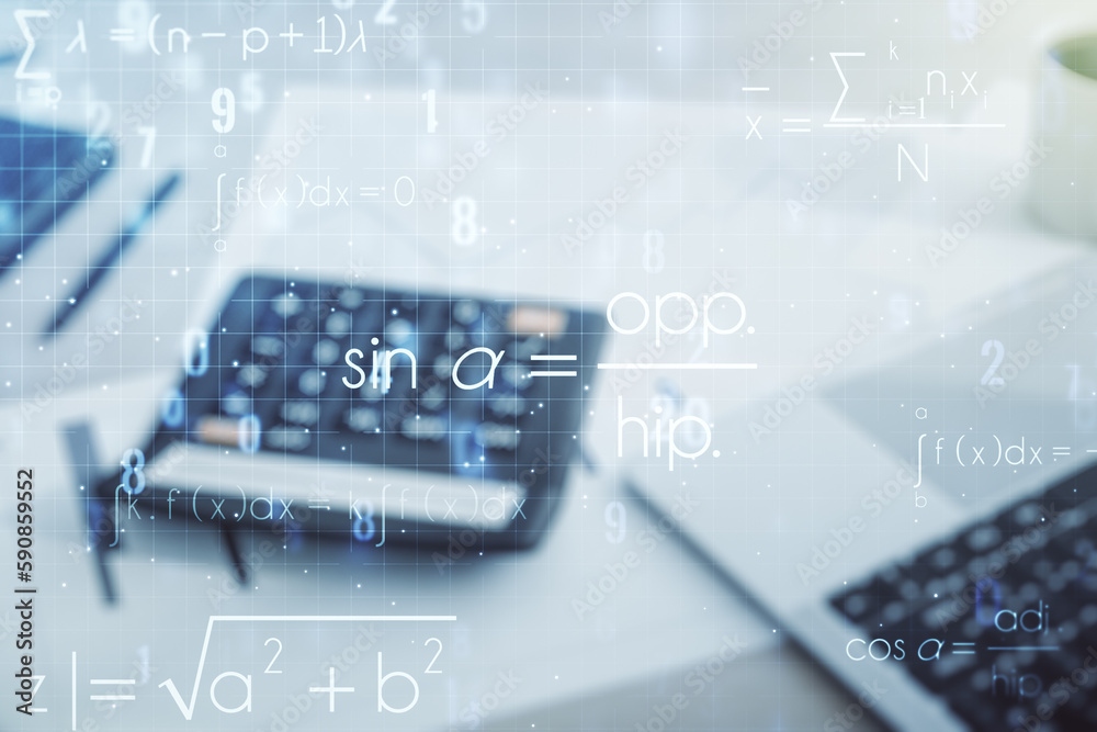 Scientific formula hologram on calculator and pc background, research ...