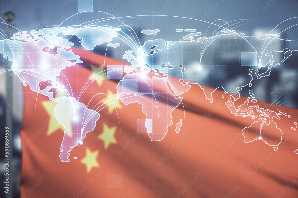 Abstract virtual world map with connections on Chinese flag and city ...