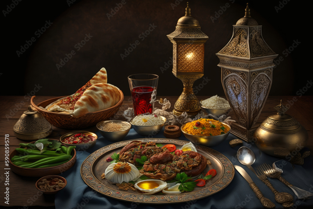 Celebración comida de Ramadán, oración con comida típica, creado con IA ...