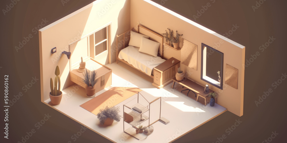 Habitación low poly isometrica color beige, cuarto pequeño 3d con luz natural, dormitorio ...