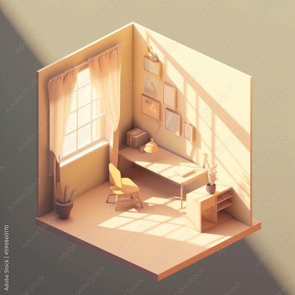 Habitación low poly isometrica color beige, cuarto pequeño 3d con luz natural, dormitorio ...