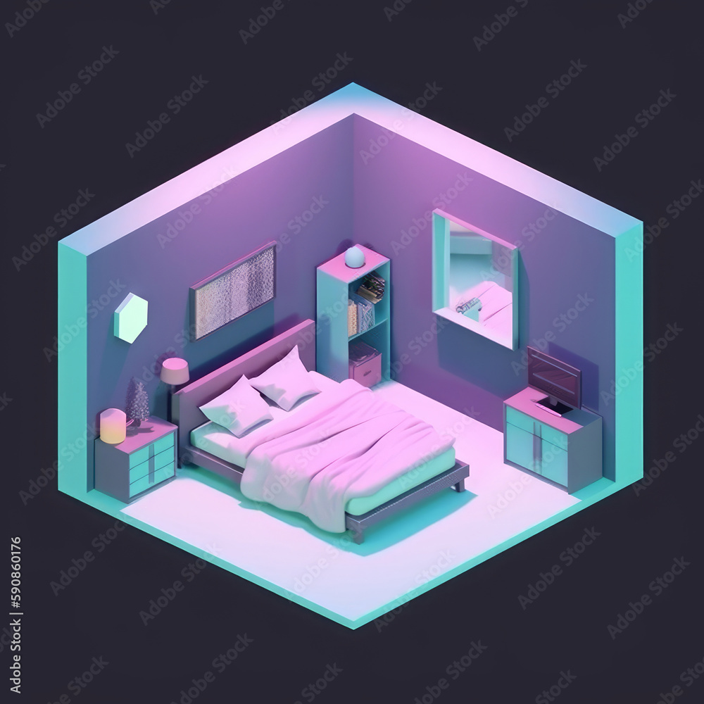 Habitación low poly isometrica aesthetic, cuarto pequeño 3d con luz RGB ...