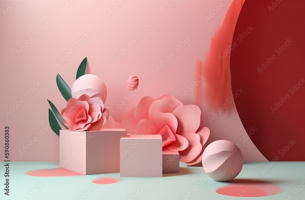 Product display primavera, espacio vacio 3d con flores de papel rosa ...