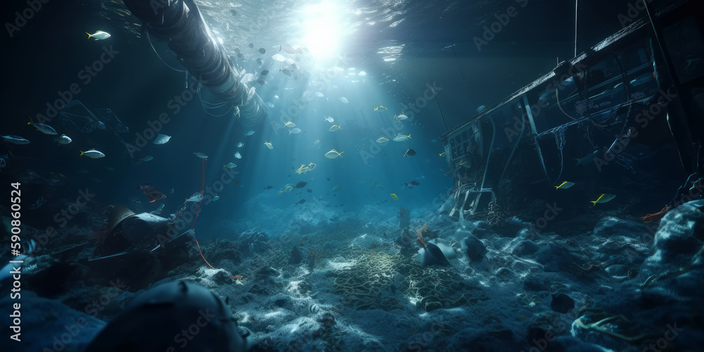 Fondo del mar contaminado con basura, plásticos en el océano, creado ...