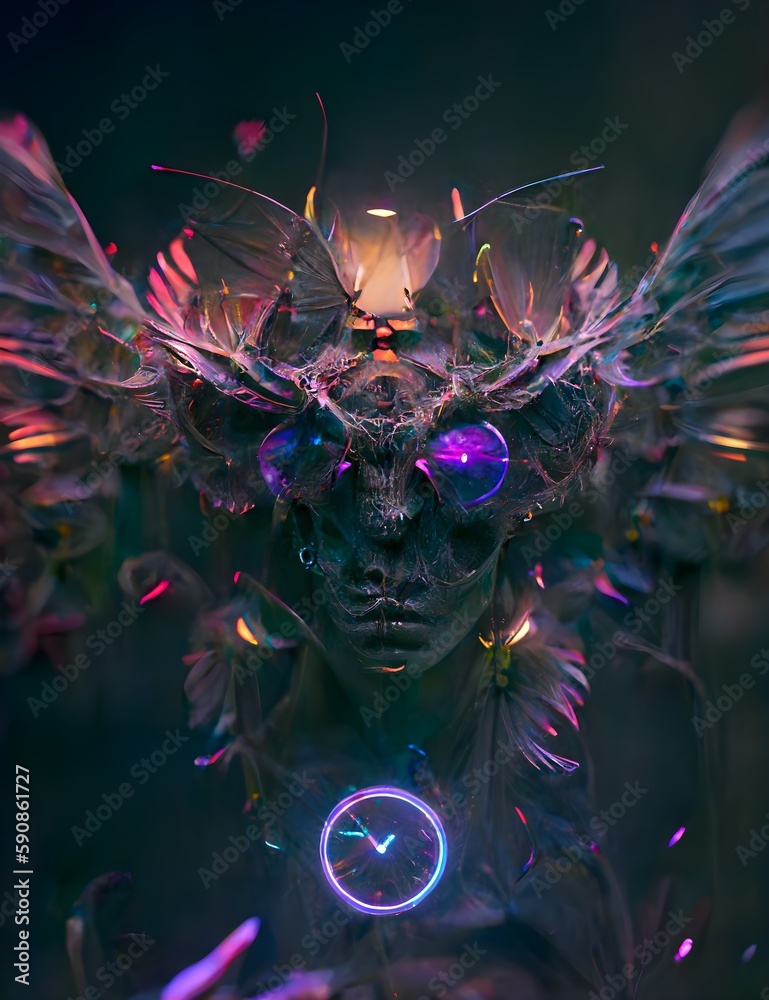 neon colors arms crossed horns fangs wings9898 in the background the ...