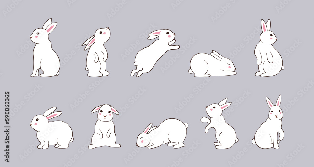 Cute doodle rabbits, white bunny characters. Sketch hand drawn line ...