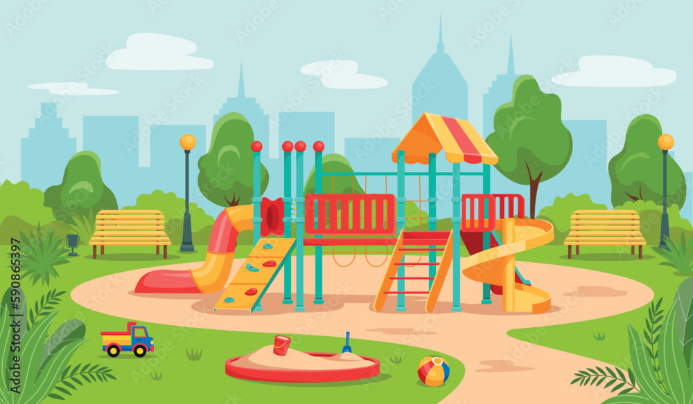 Kids playground in park. School area. Outdoor play ground equipment for ...