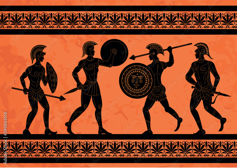Greek mural. Sparta warriors. Athens mythology. Rome gladiators with ...