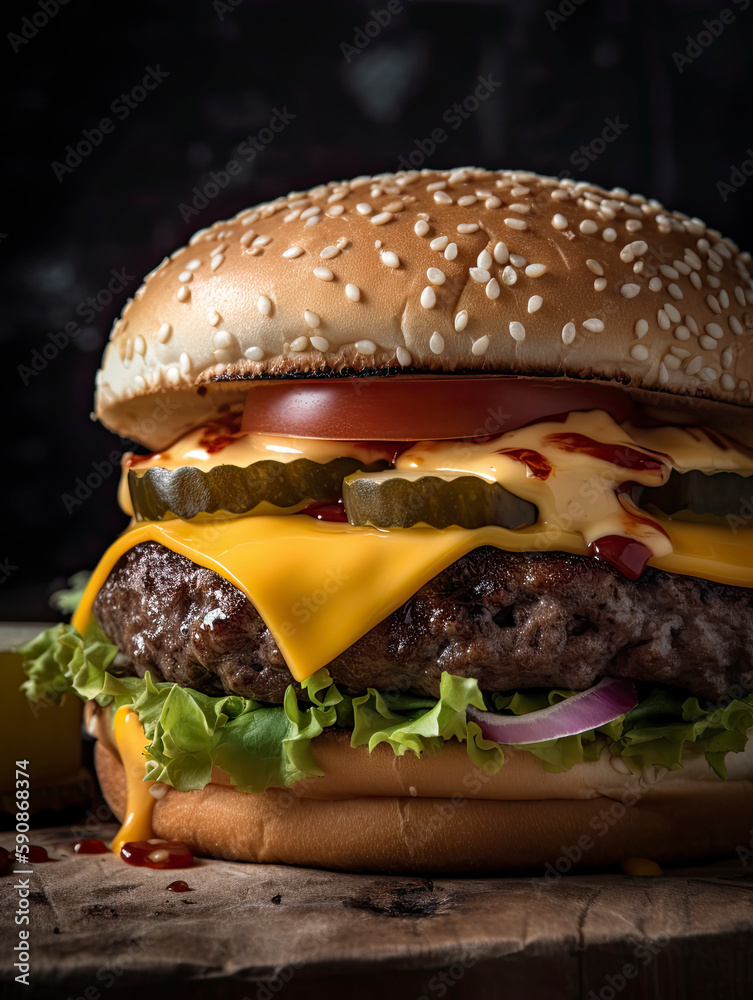Closeup of a perfect giant cheeseburger with tomatoes, onions, lettuce ...