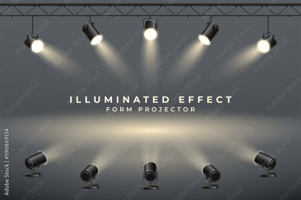 Spotlights background, stage projectors, 3d hanging and standing lamps ...