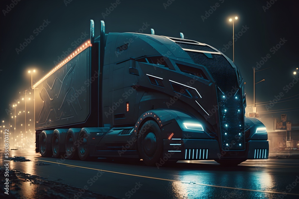 High-tech truck drives along highway at night, controlled by artificial ...