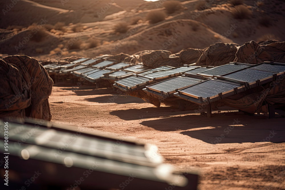 Rows of solar panels set up in a desert with golden sunlight glinting ...