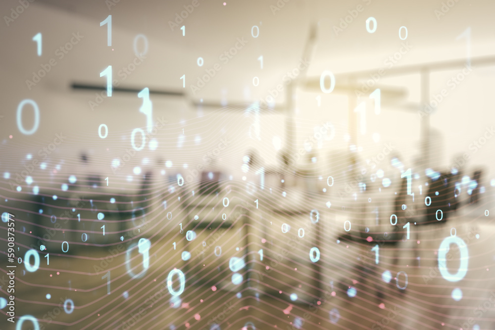 Abstract virtual binary code hologram on a modern furnished classroom ...