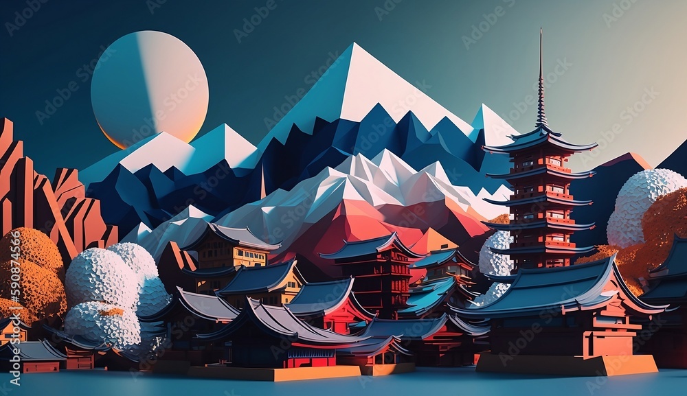 Abstract background Mt.Fuji in Japan landscape, Sakura and sky in paper ...