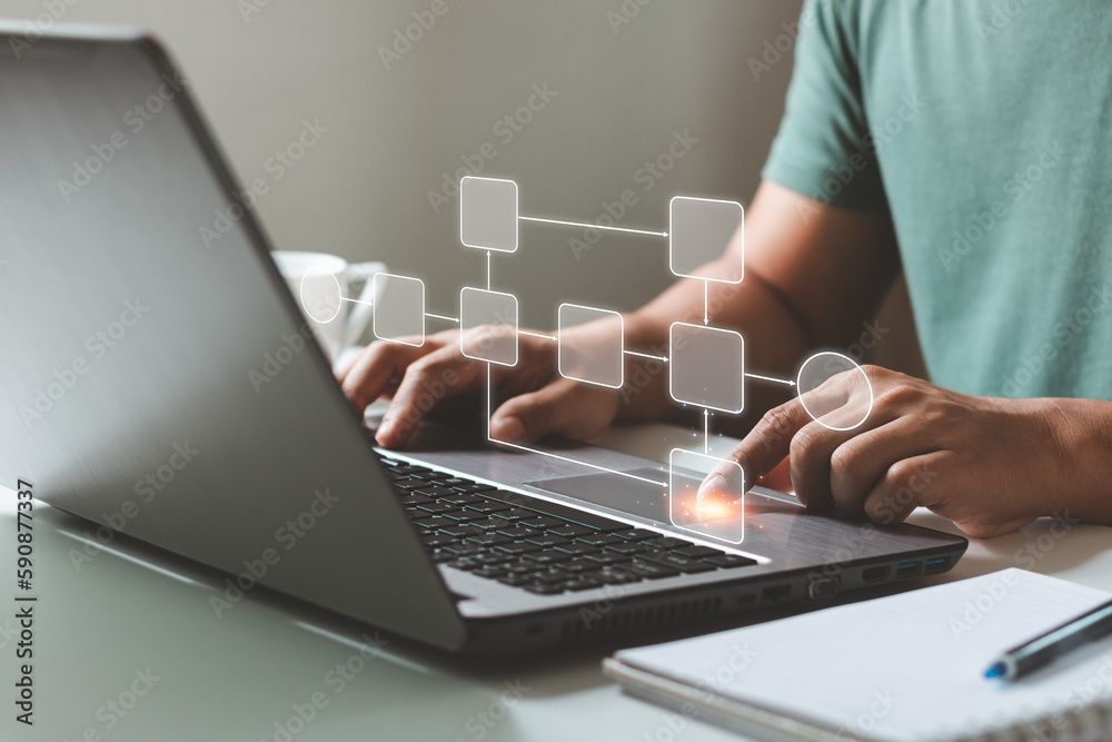 Business process and workflow automation with flowchart. Businessman ...