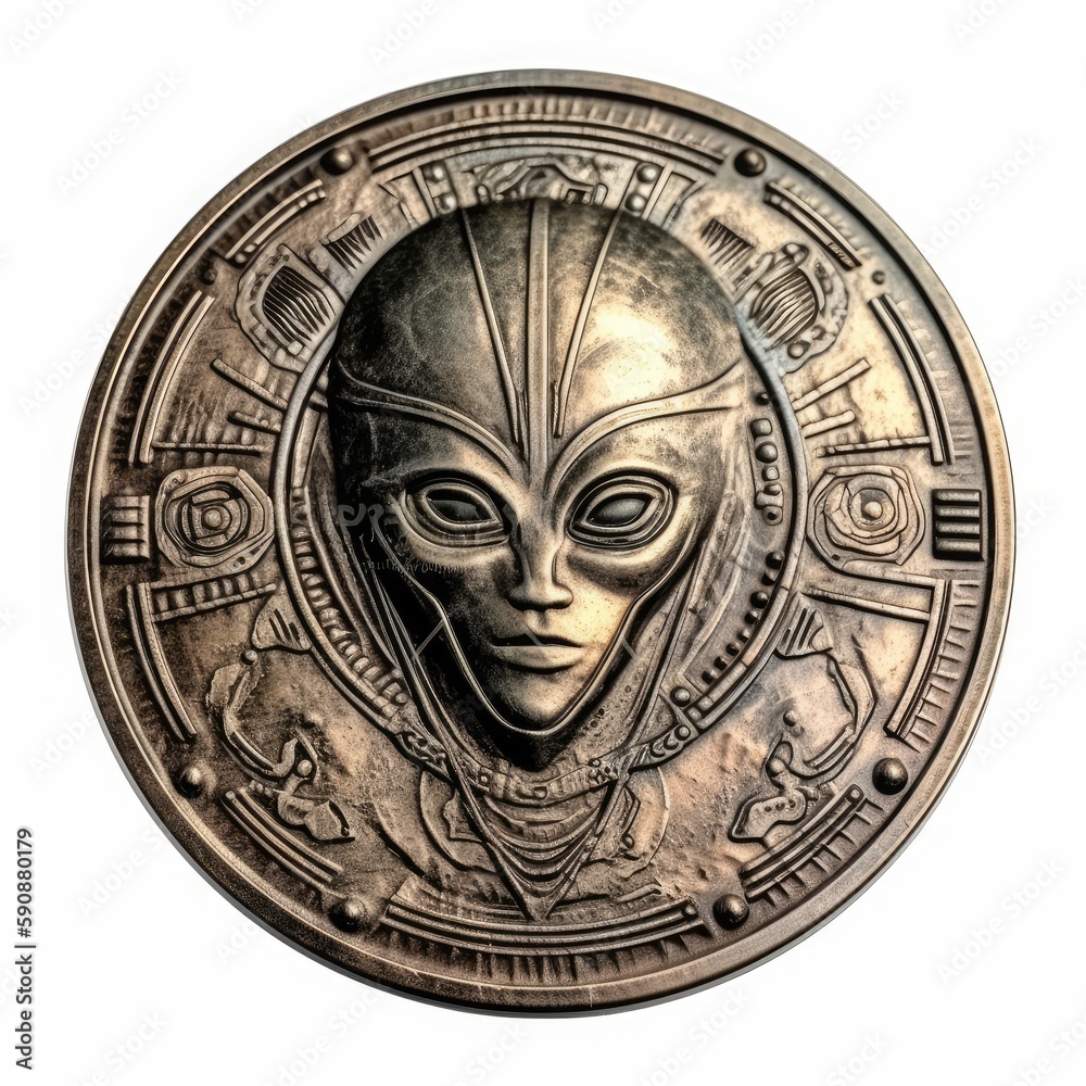 Representation of an ancient Roman coin with an alien face. Generative ...