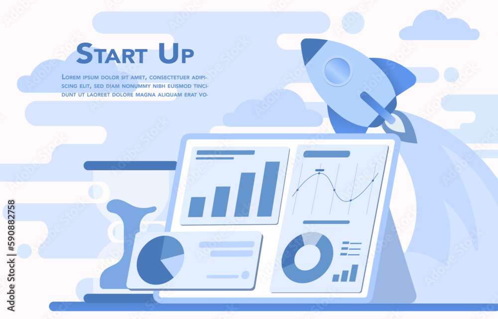 Successful start-up concept. A rocket flying up to the top from a ...