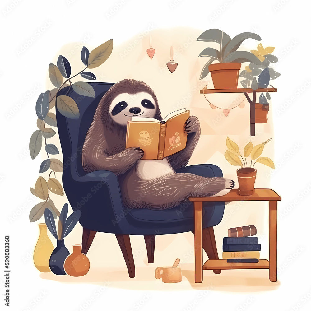 Plakat w ramie A sloth reading a book in his peaceful armchair ...