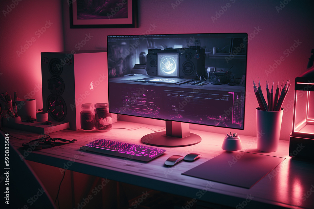 Desktop Setup With Purple Ambient Light in Background | Generative Art ...