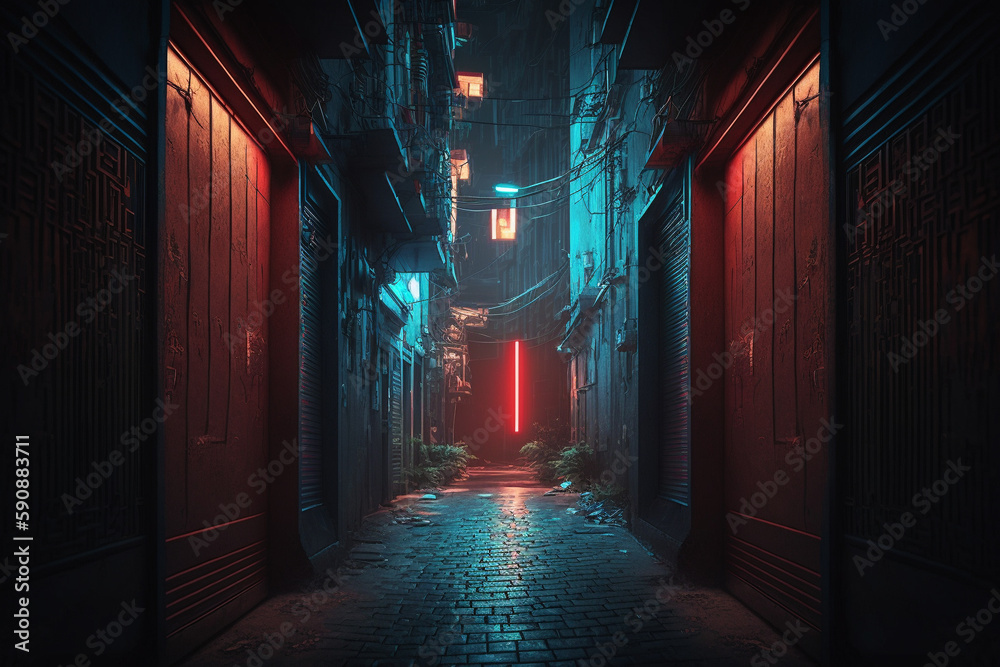 Futuristic Alley in the night With neon Street lights | Generative Art ...
