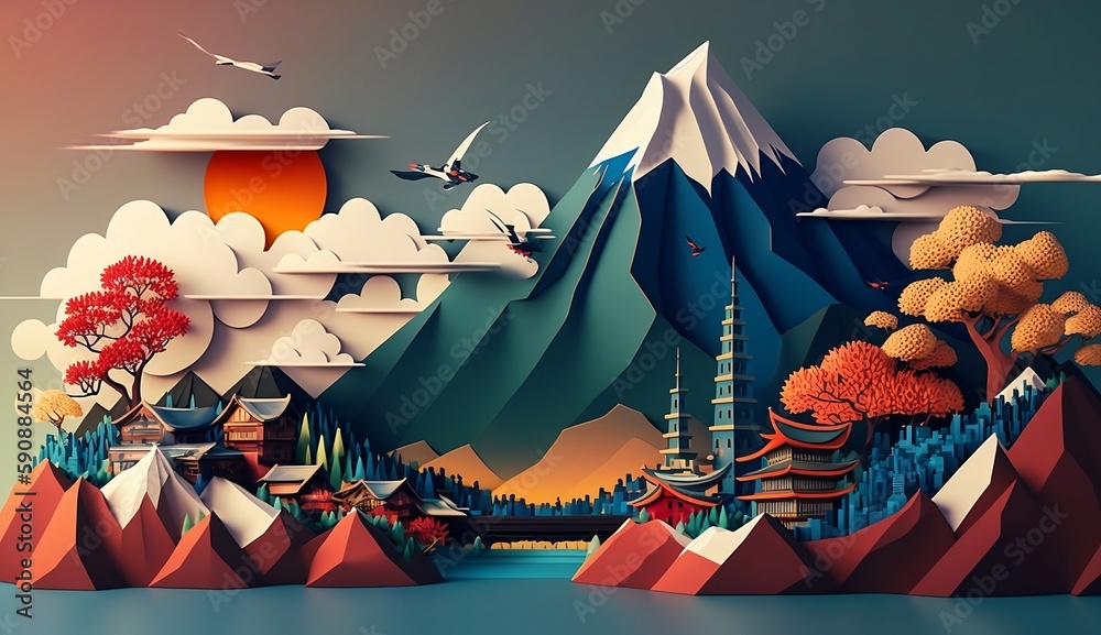Abstract background Mt.Fuji with pagoda in Japan landscape, Sakura and ...