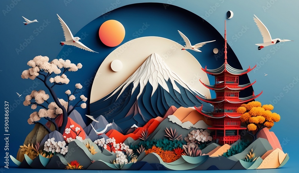 Abstract background Mt.Fuji and pagoda in Japan landscape, Sakura and ...