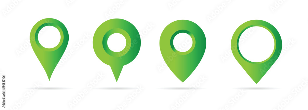 Green Location Pointer Set on White Background. Green GPS Tag and Thumbtack Sign Collection. Map ...