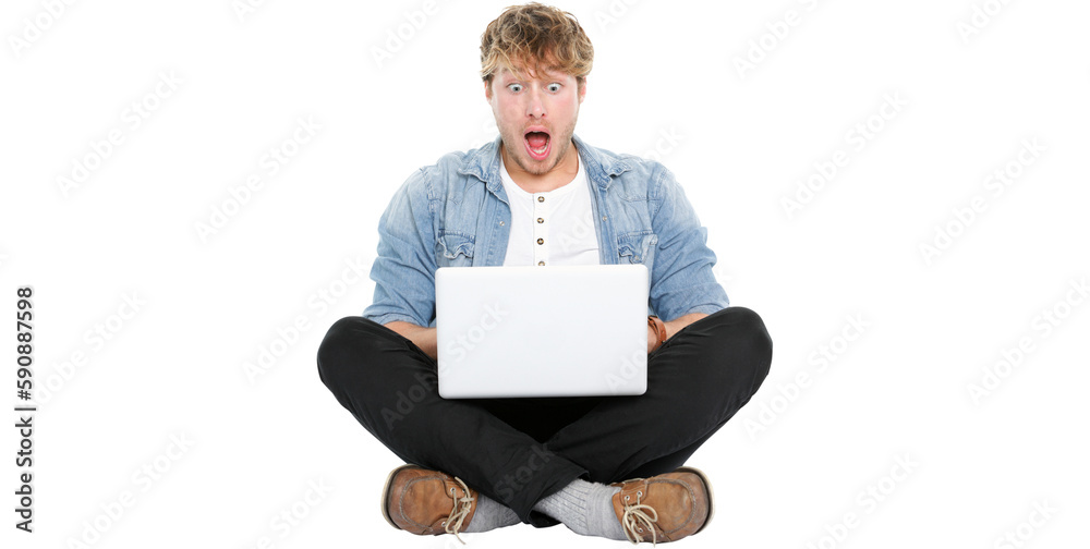Laptop computer man shocked looking surprised at screen. Young modern ...
