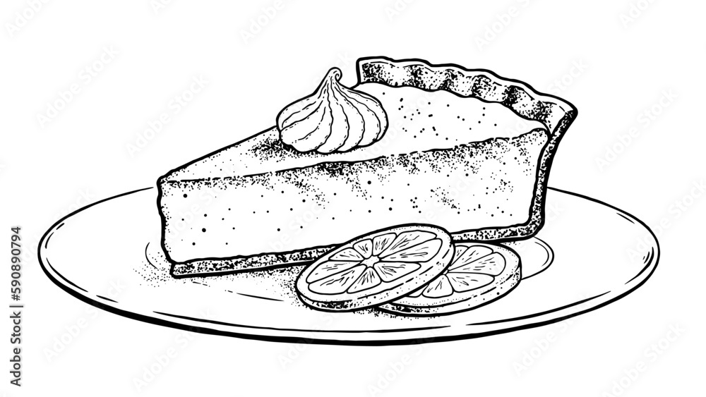 Vector sketch illustration of Lemon Tart on plate. Vintage style ...