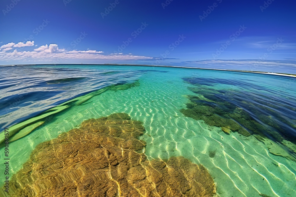 Beach Landscape A sandbar stretching out into the crystal-clear ocean ...