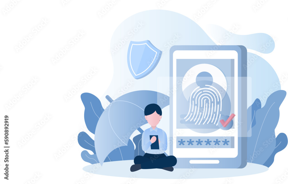 Data protection. Safety security from hacker. Finger scan is access ...