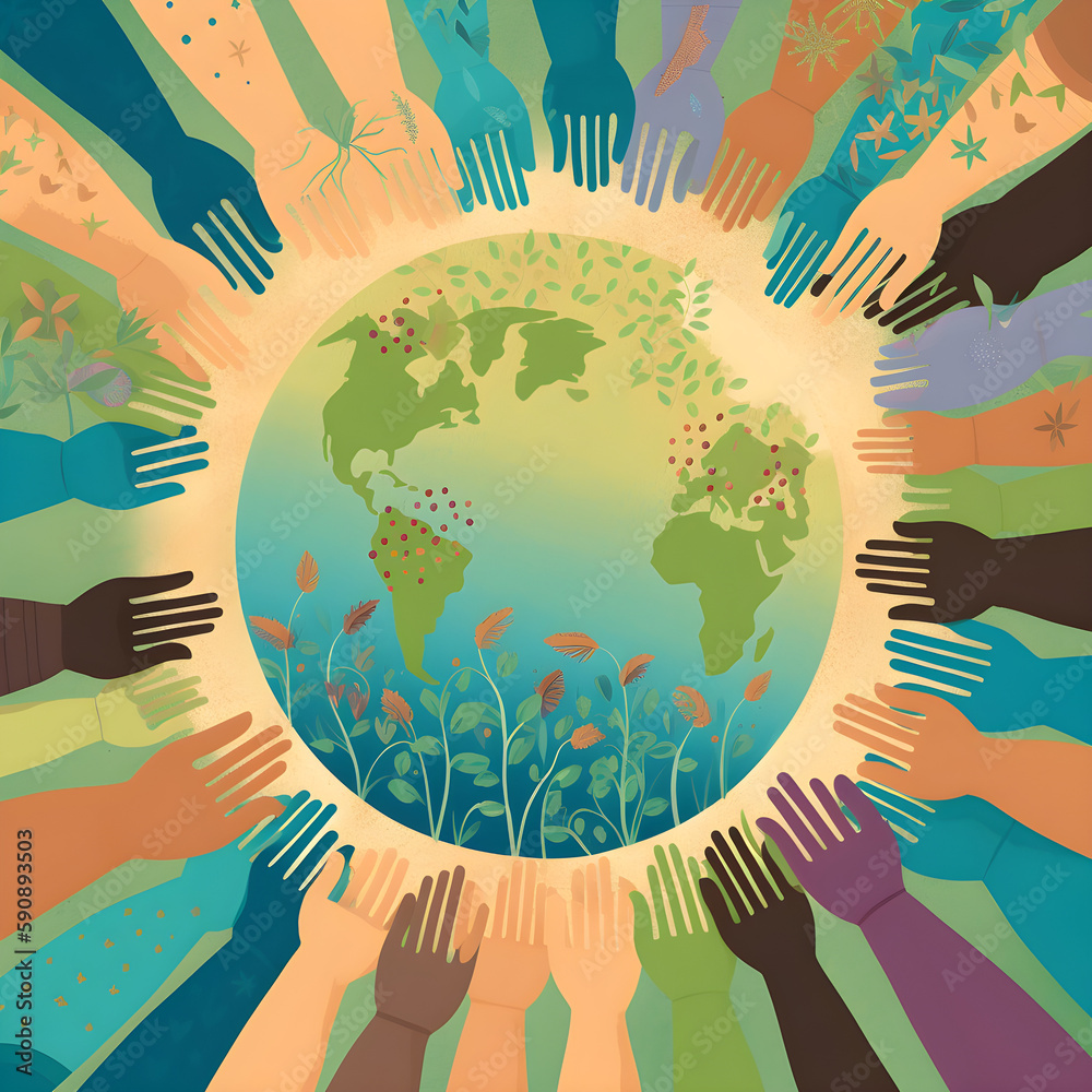 A vibrant, uplifting illustration, group of people holding hands around ...