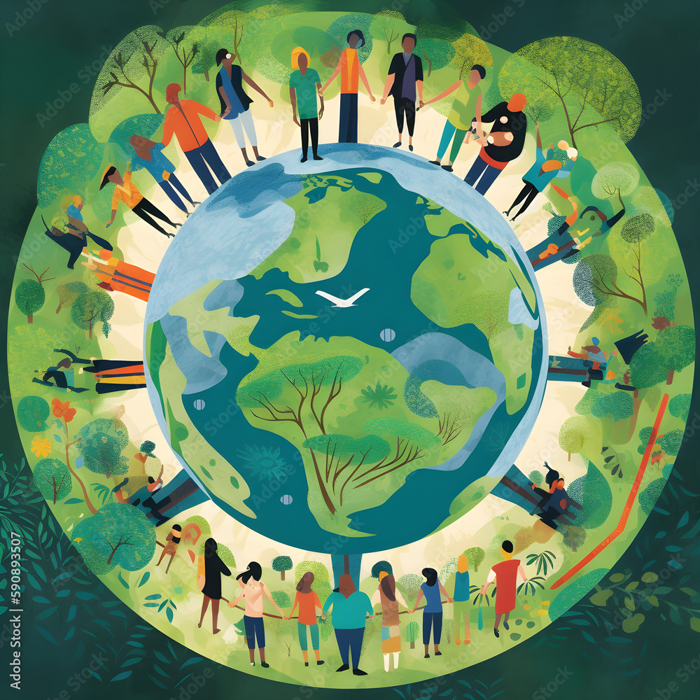 Illustration of people standing around the world, the Earth, and ...