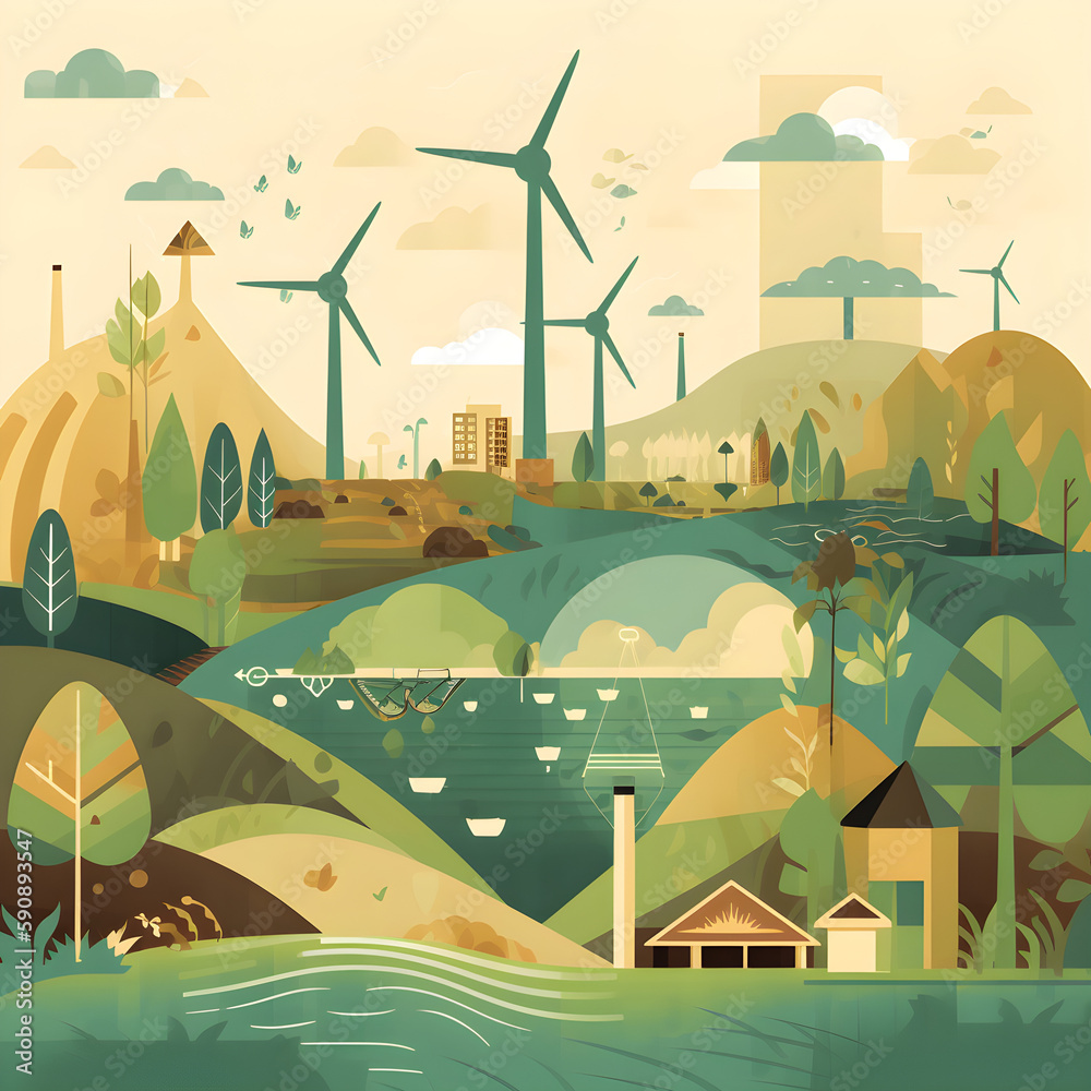 Illustration of lush, green landscape with eco-friendly elements, solar panels, wind turbines ...