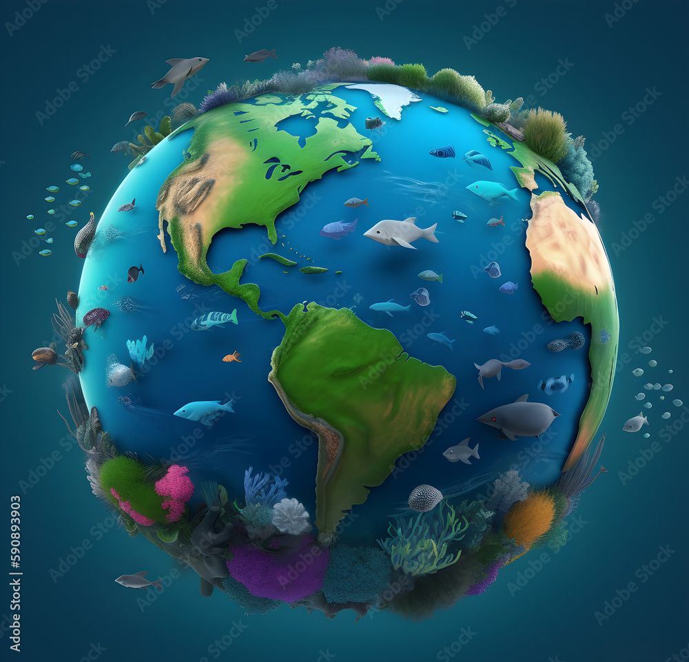 A vivid, bright 3D model of Earth, planet, world, globe. Depicted as ...