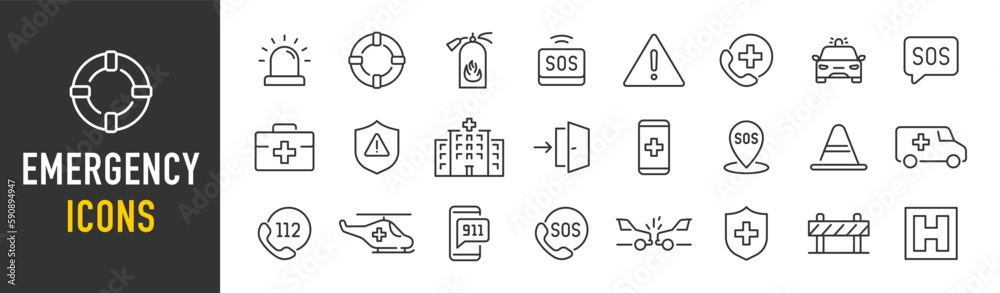 Emergency web icons in line style. Evacuation, SOS emergency call ...