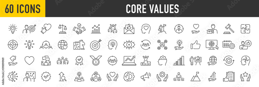 Set of 60 Core Values web icon set in line style. Innovation, integrity ...