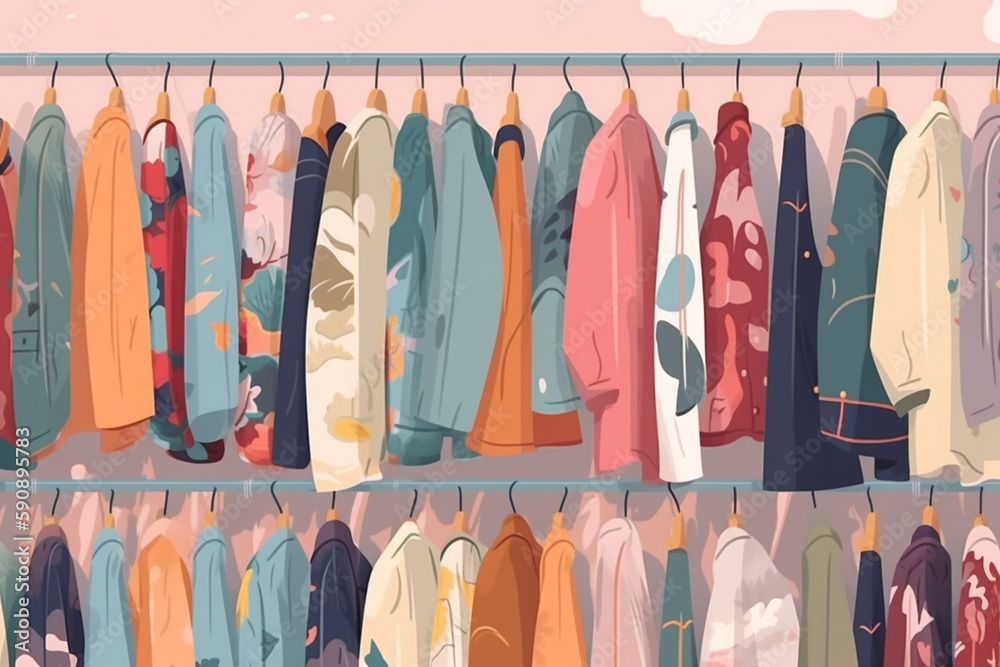 Men and women clothes on long hanger racks seamless pattern. Many ...