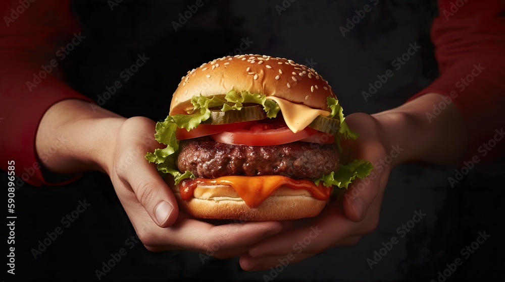 Burger: Juicy fast food with crispy fried beef, lettuce, cheese ...