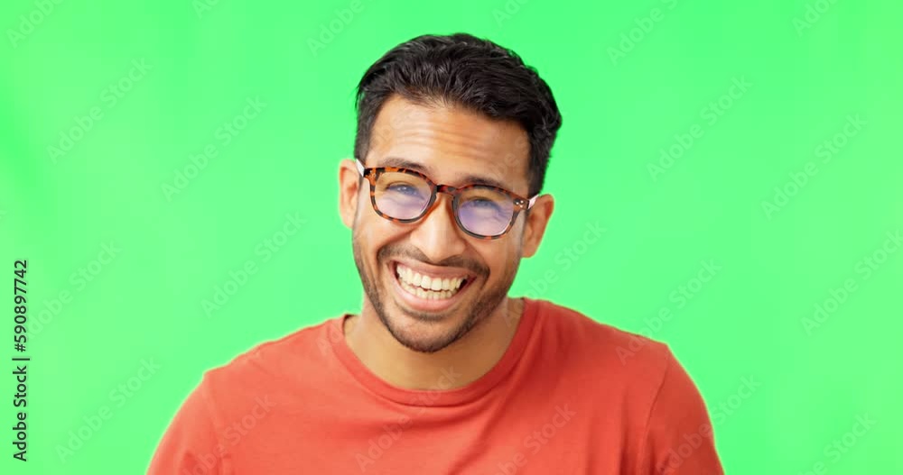 Funny, glasses and an Asian man laughing on a green screen isolated on ...