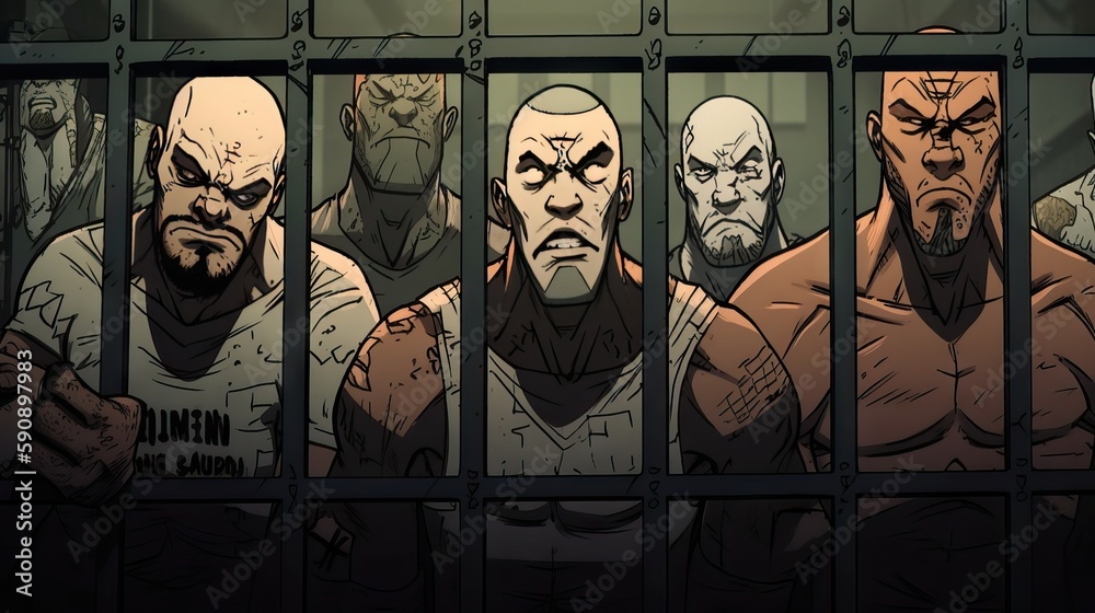 Cartoon characters in jail peering through a cell, curious and trapped ...