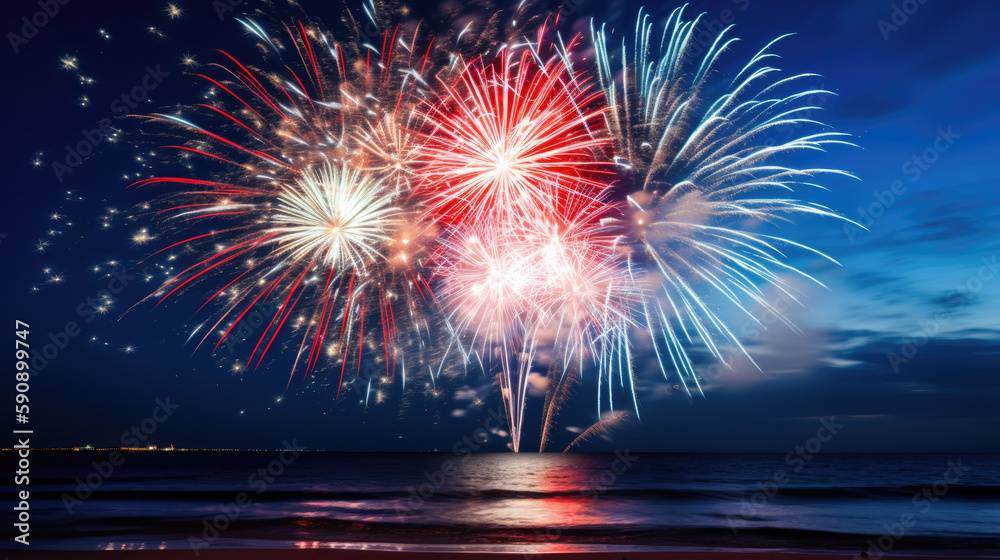 Red, blue, white fireworks above water with reflection on the black sky ...