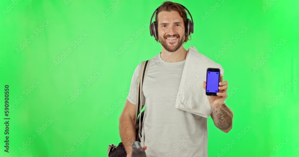 Fitness, mockup and green screen with man and phone for music ...
